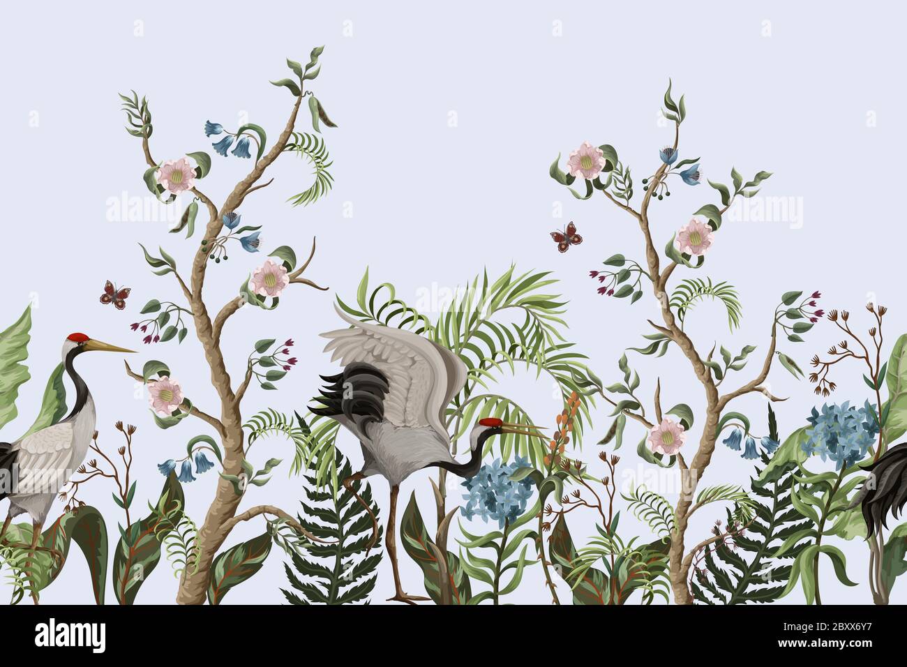 Border with cranes and peonies in chinoiserie style. Vector Stock ...