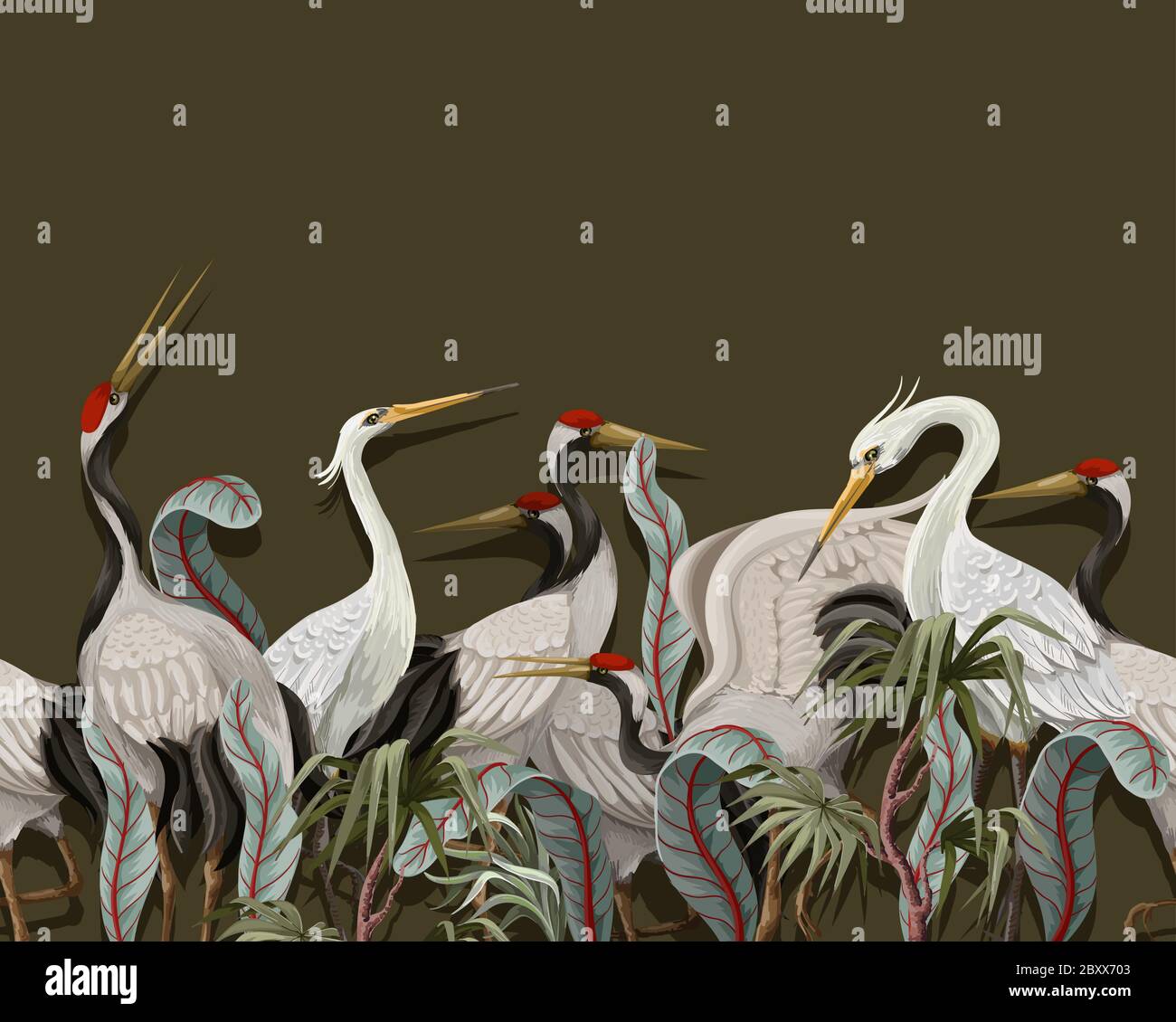 Border with Japanese white cranes. Oriental wallpaper Stock Vector ...