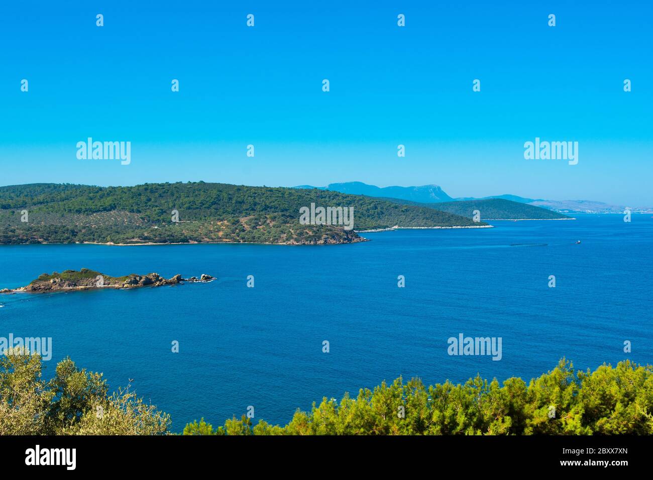Beautiful Mediterranean landscape with Aegean sea and green hills in ...