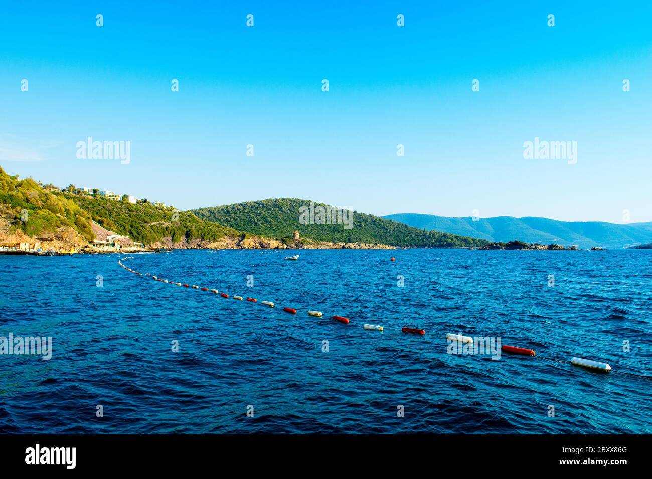 Beautiful Mediterranean landscape with Aegean sea and green hills in ...