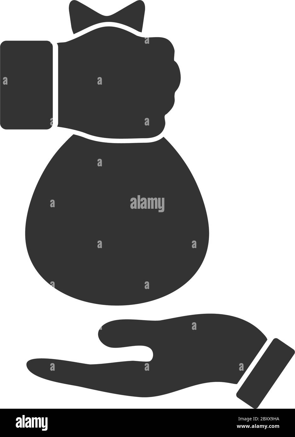 Hand giving money bag to another hand. Black Icon Flat on white ...