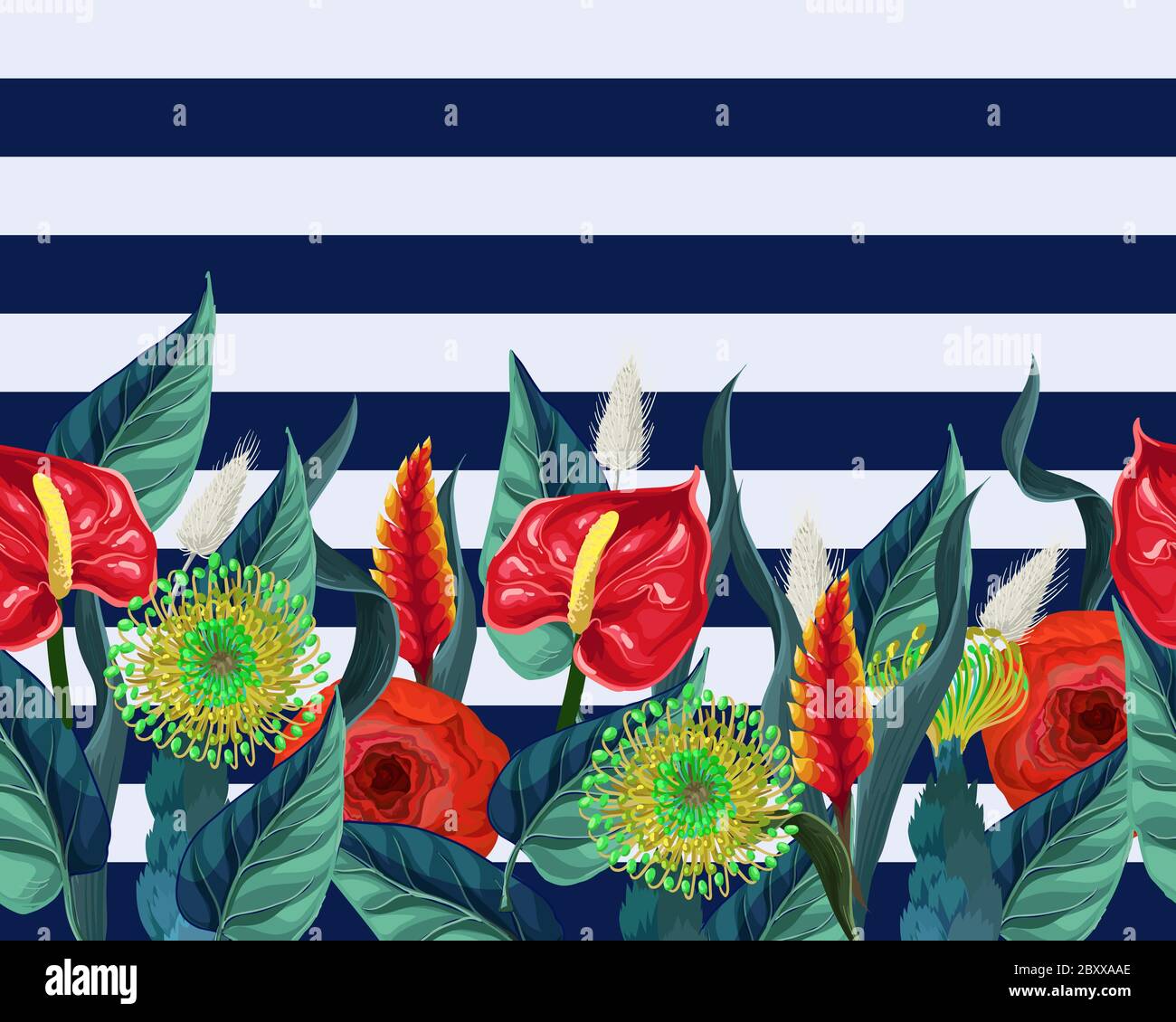 Border with anthuriums and tropical leaves. Vector Stock Vector Image ...