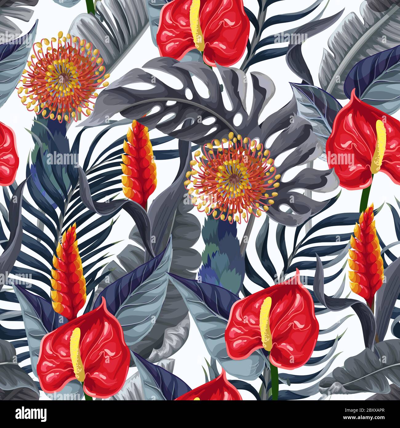 Seamless pattern with anthuriums and tropical leaves. Vector Stock ...