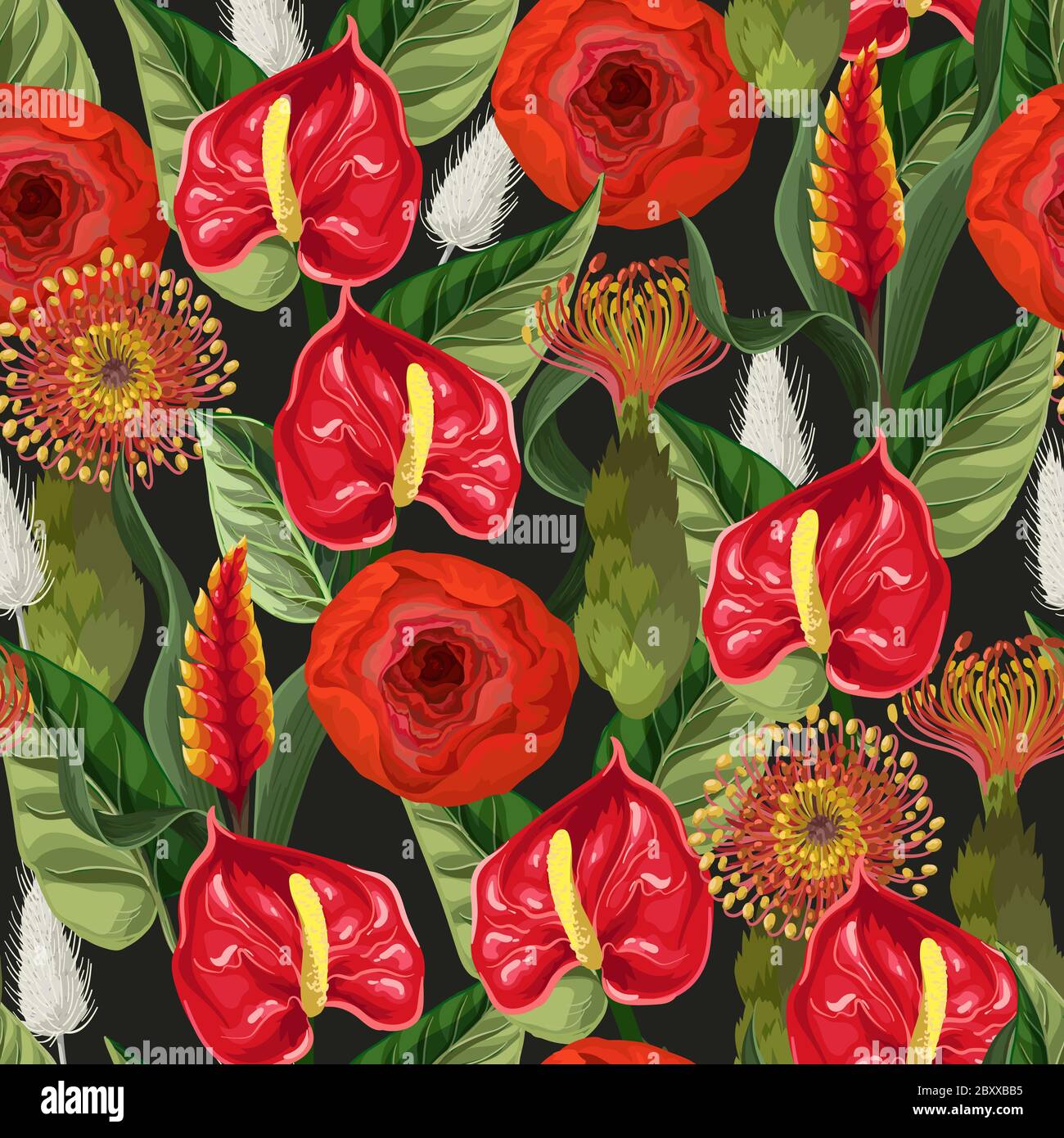 Seamless pattern with anthuriums and tropical leaves. Vector Stock ...