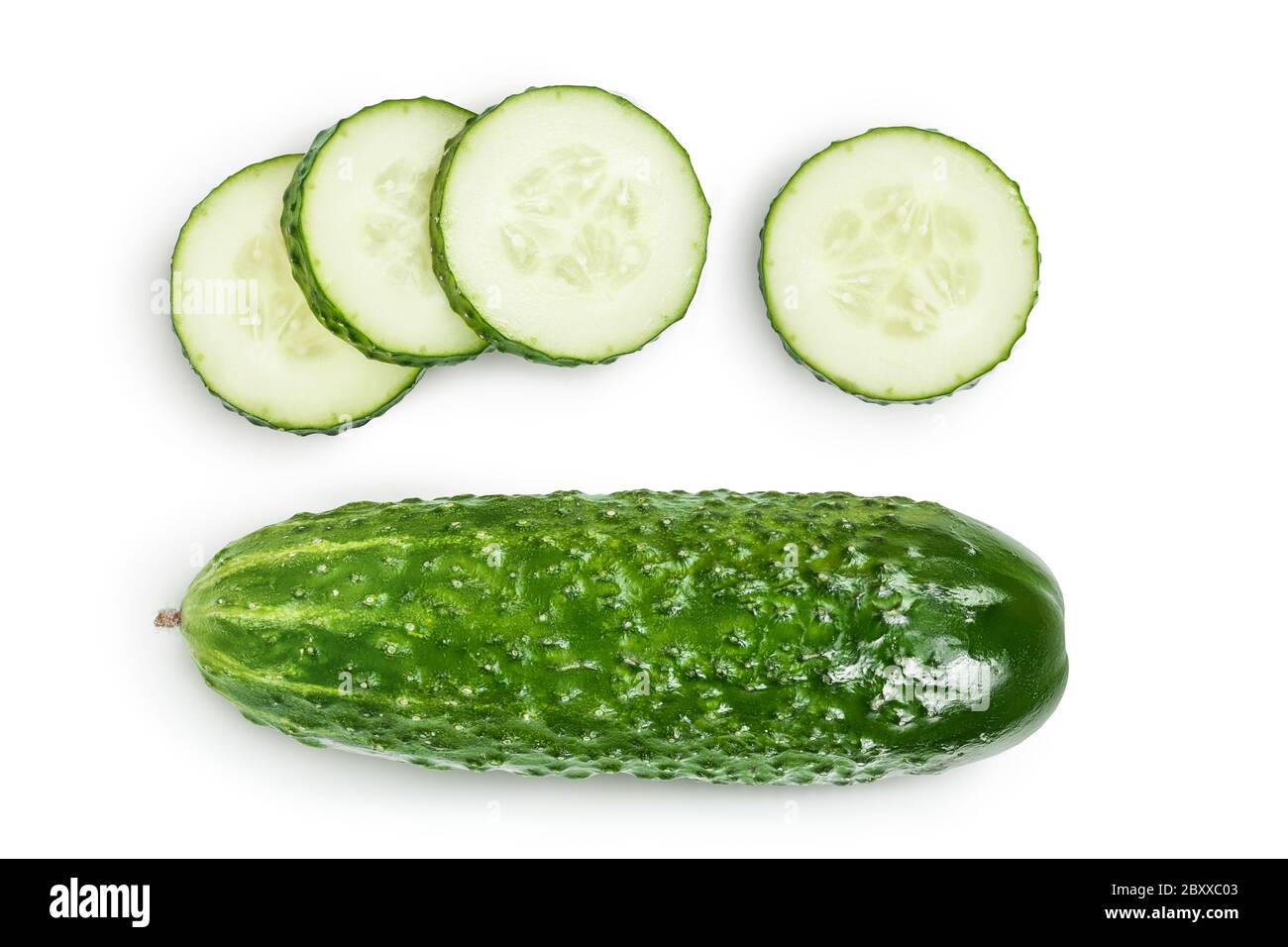 Sliced cucumber isolated on white background with clipping path and full depth of field, Top ...