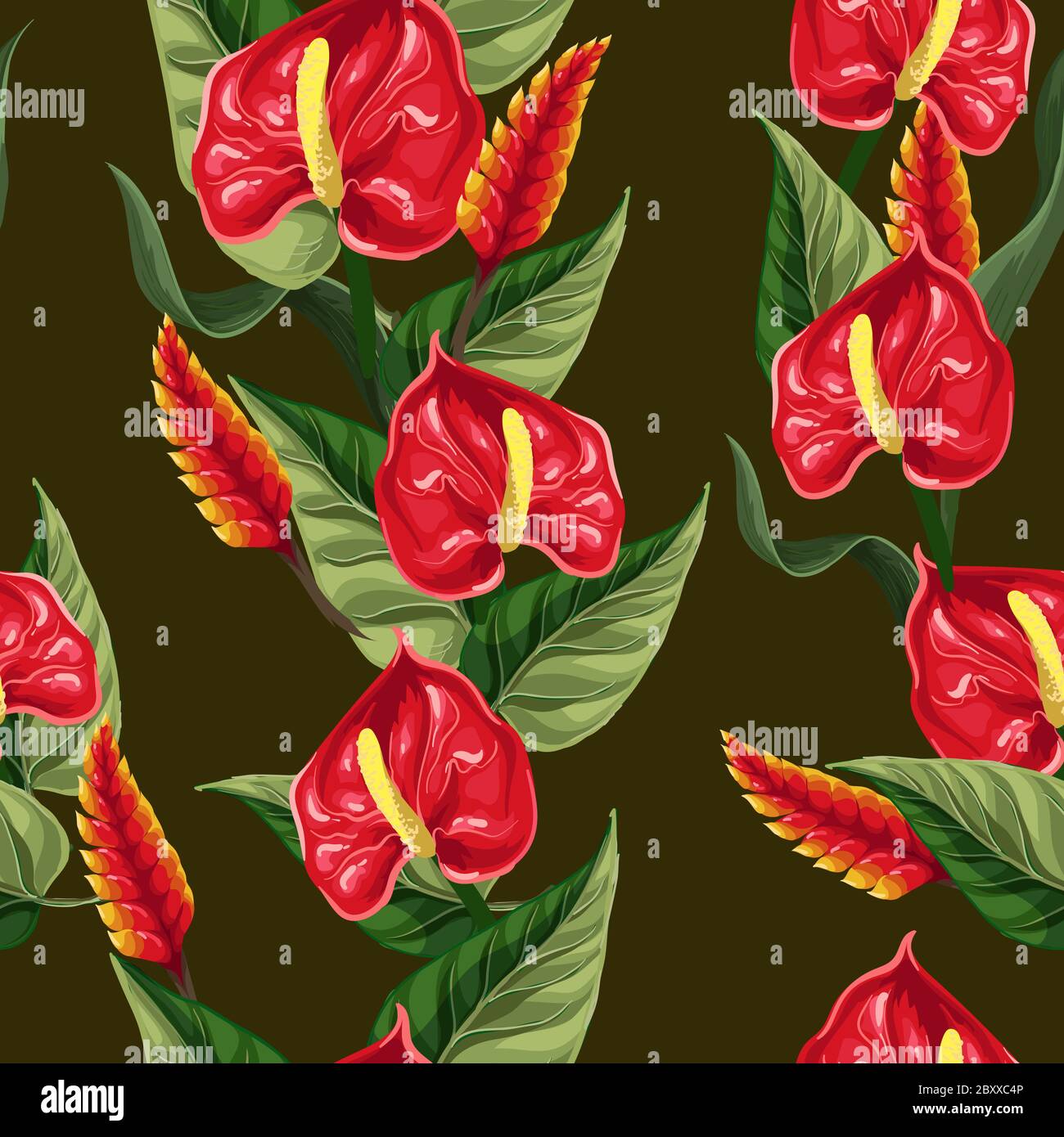 Seamless pattern with anthuriums and tropical leaves. Vector Stock ...