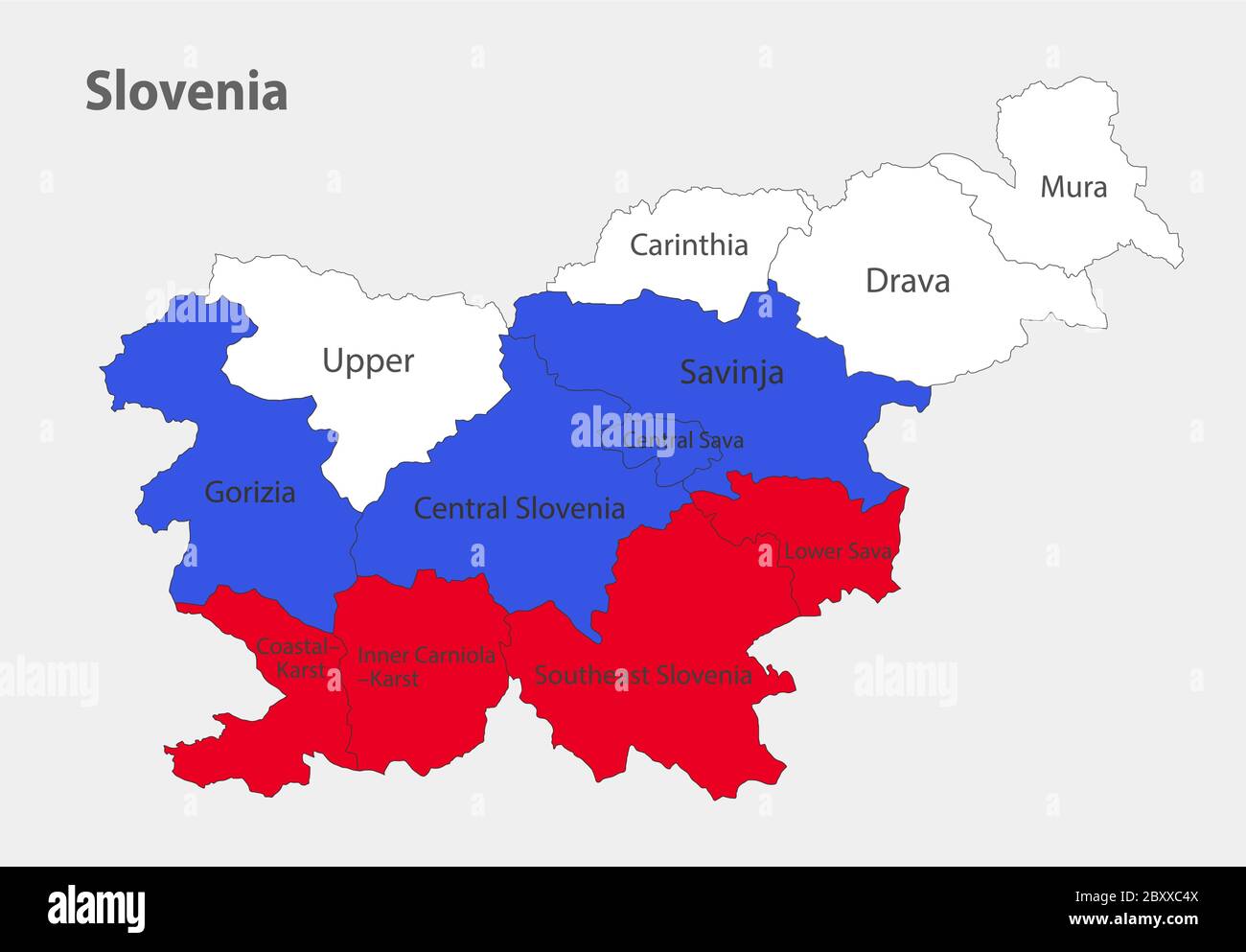 Map of the Slovenia in the colors of the flag with administrative ...