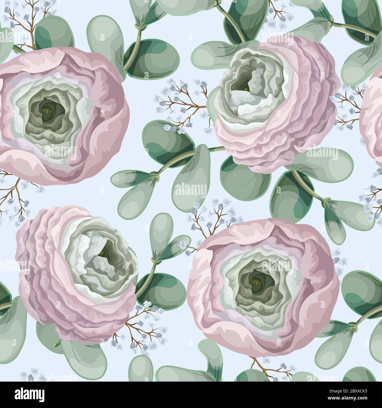 Seamless pattern with delicate ranunculus, eucalyptus and wild flowers ...