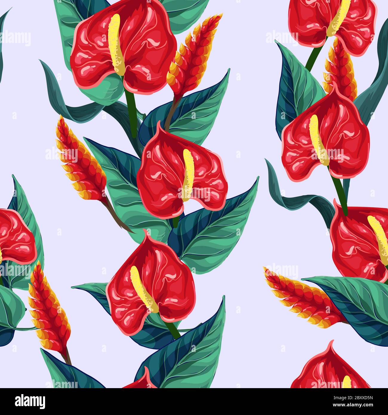 Seamless pattern with anthuriums and tropical leaves. Vector Stock ...