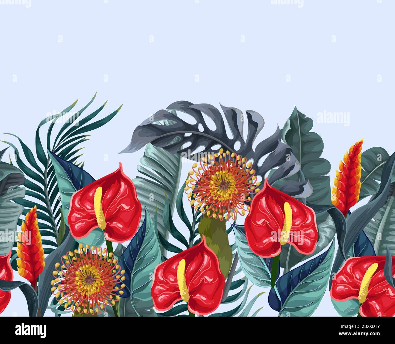 Border with anthuriums and tropical leaves. Vector Stock Vector Image ...