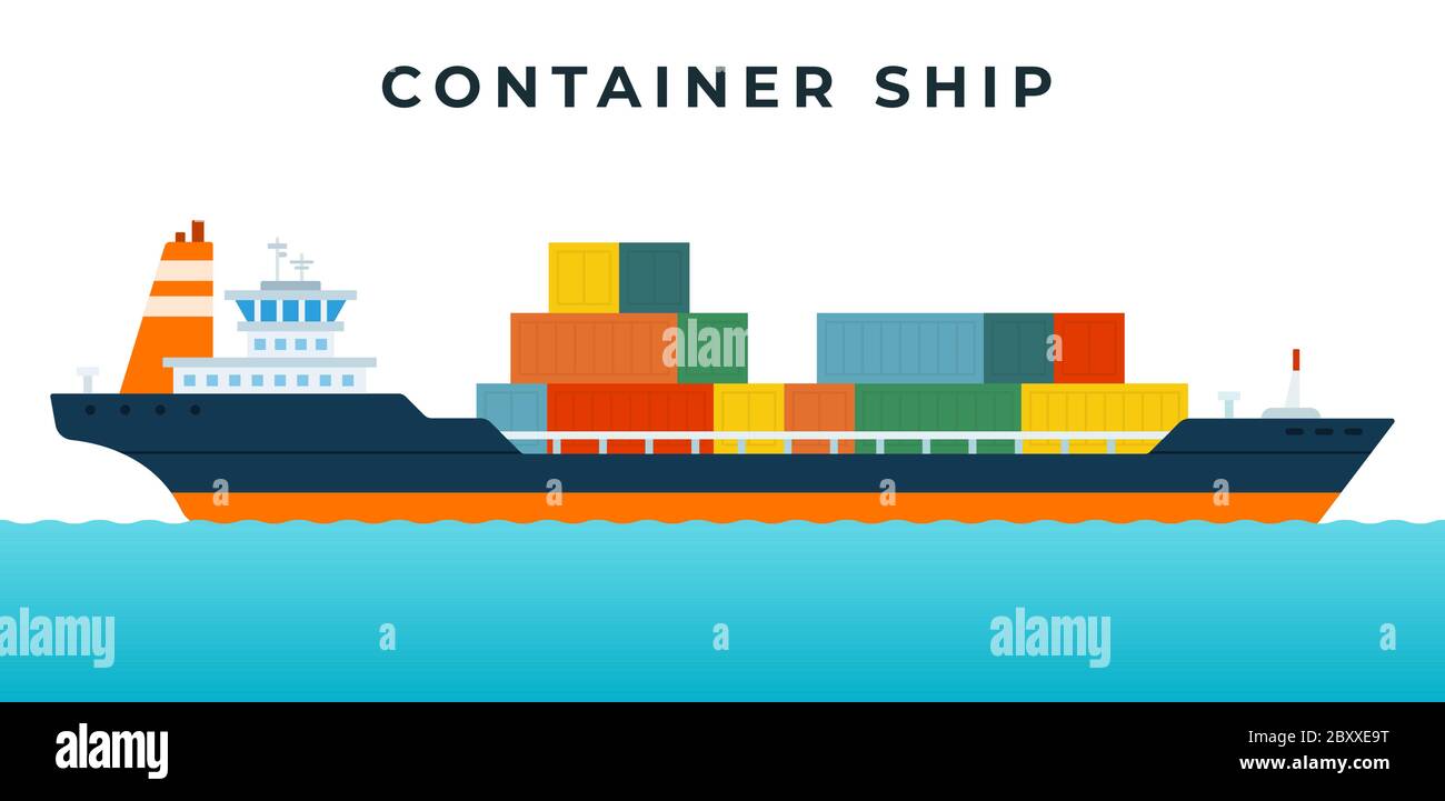 Container ship with command cabin and cargo vector icon flat isolated ...