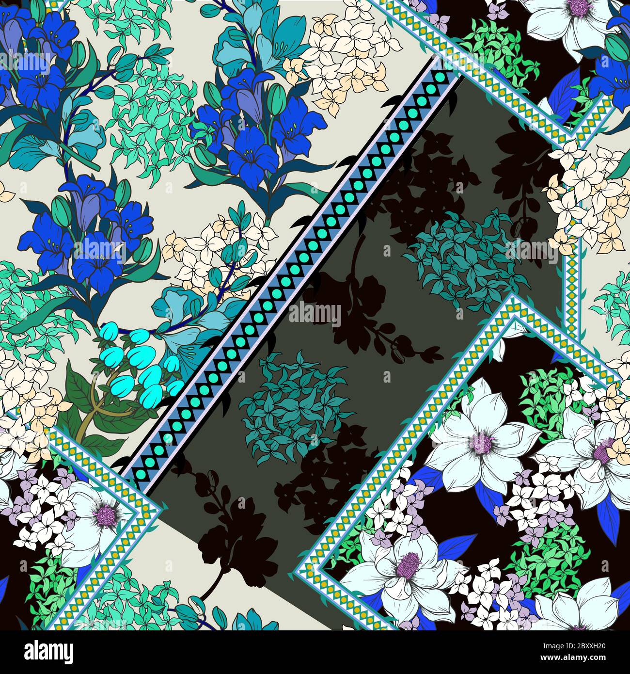 Seamless pattern with patchwork graphic flowers for textile design ...