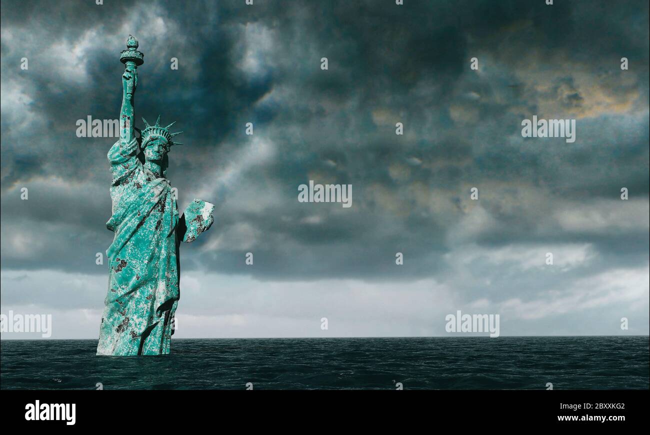 Apocalyptic water view. Old Statue of liberty in Storm. 3D rendering ...