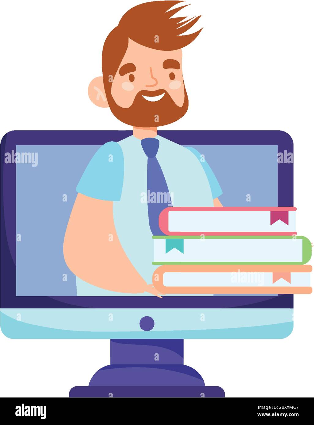 online education male teacher and books internet computer vector ...