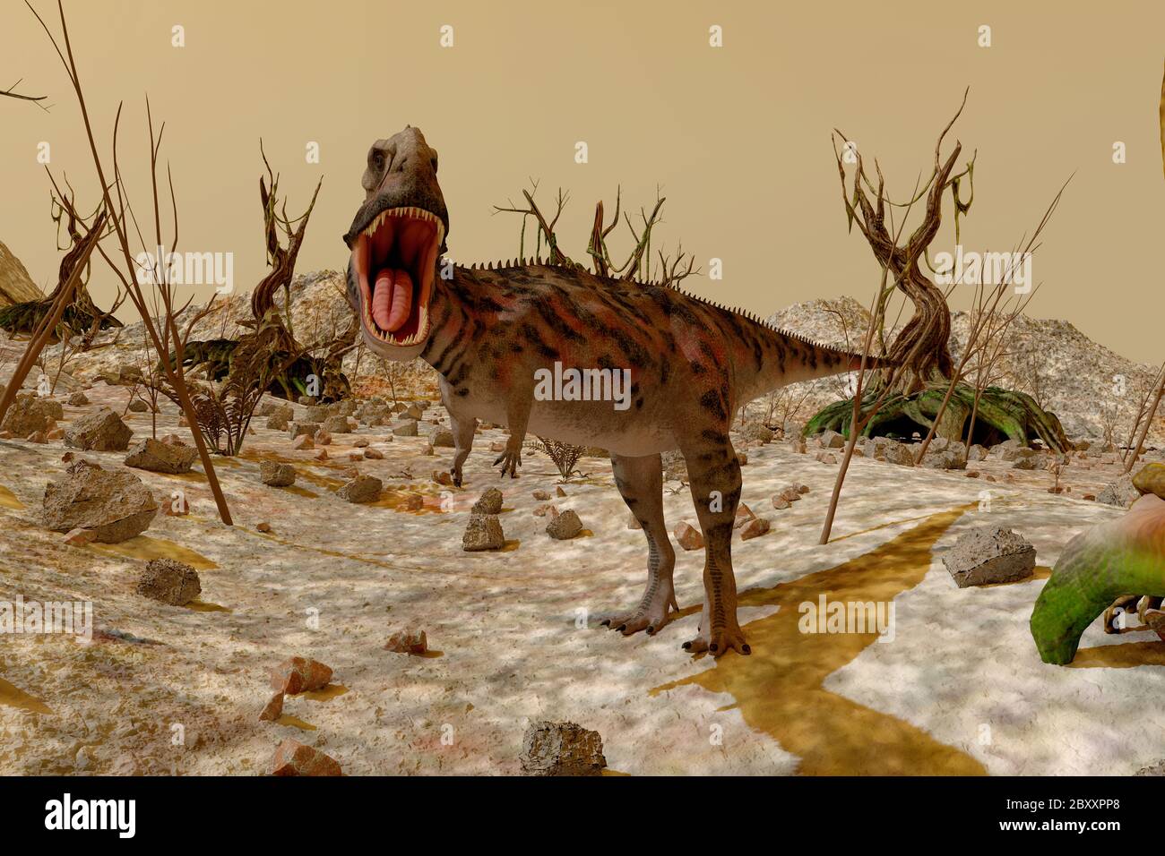 Dinosaur. Prehistoric Jungle, landscape, valley with Dinosaurs. 3d ...