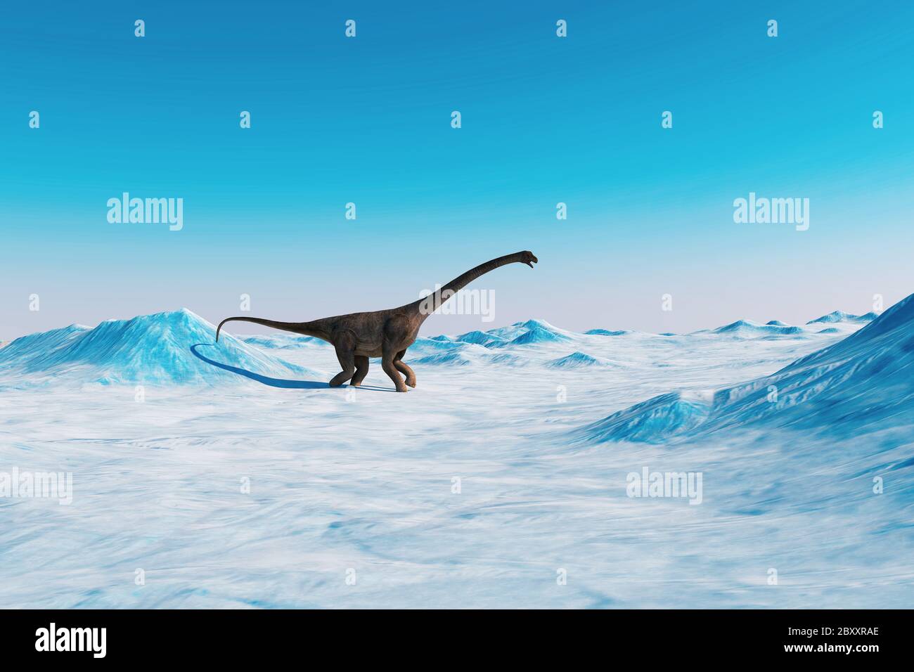 Dinosaur. Prehistoric snow landscape, ice valley with Dinosaurs. Arctic ...