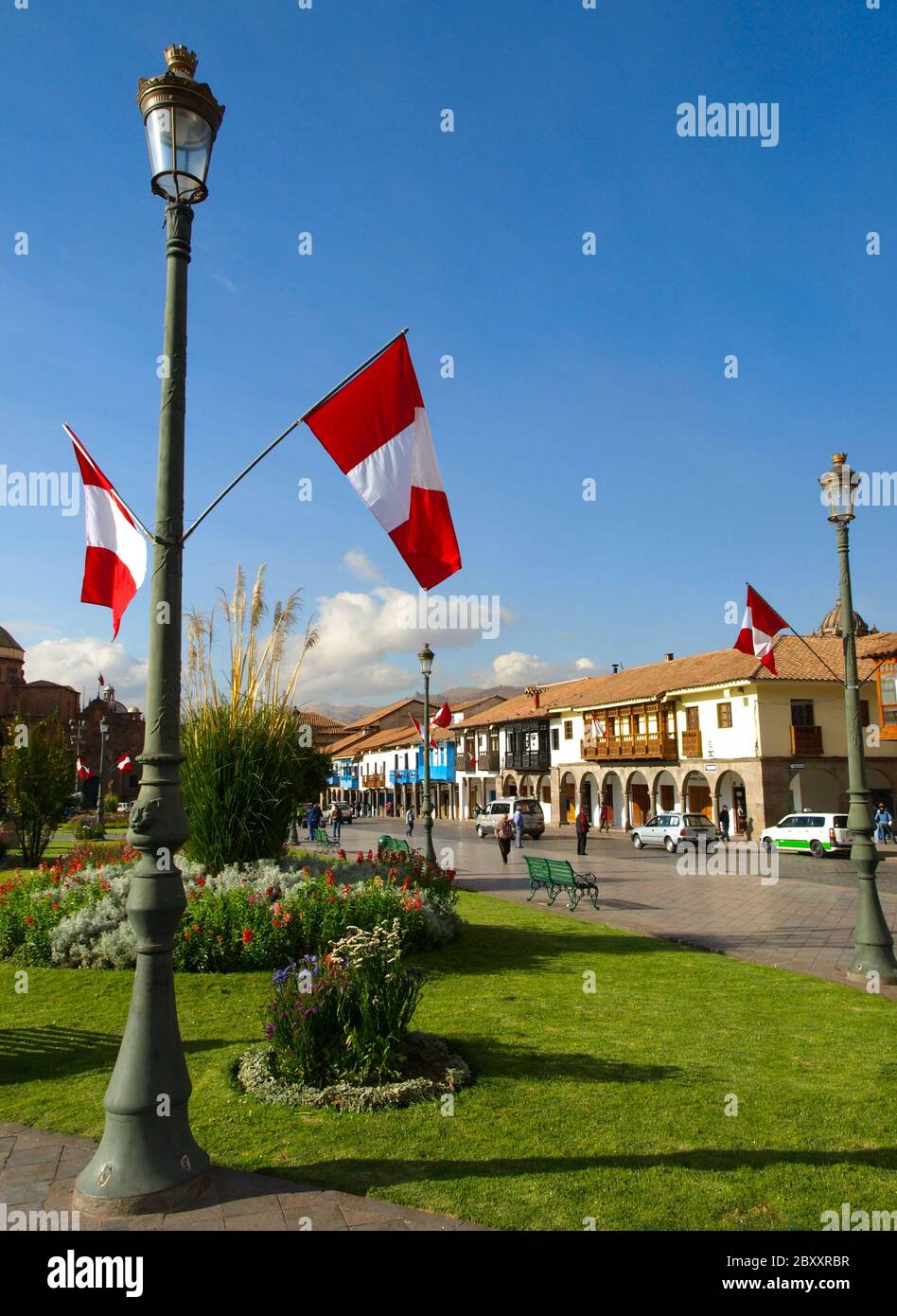 Greenery and colonial architecture of Plaza de Armas in Cusco, Peru ...