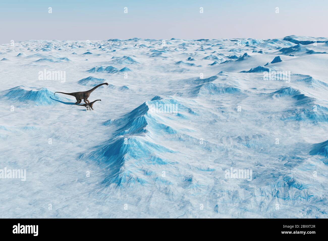 Dinosaur. Prehistoric snow landscape, ice valley with Dinosaurs. Arctic ...