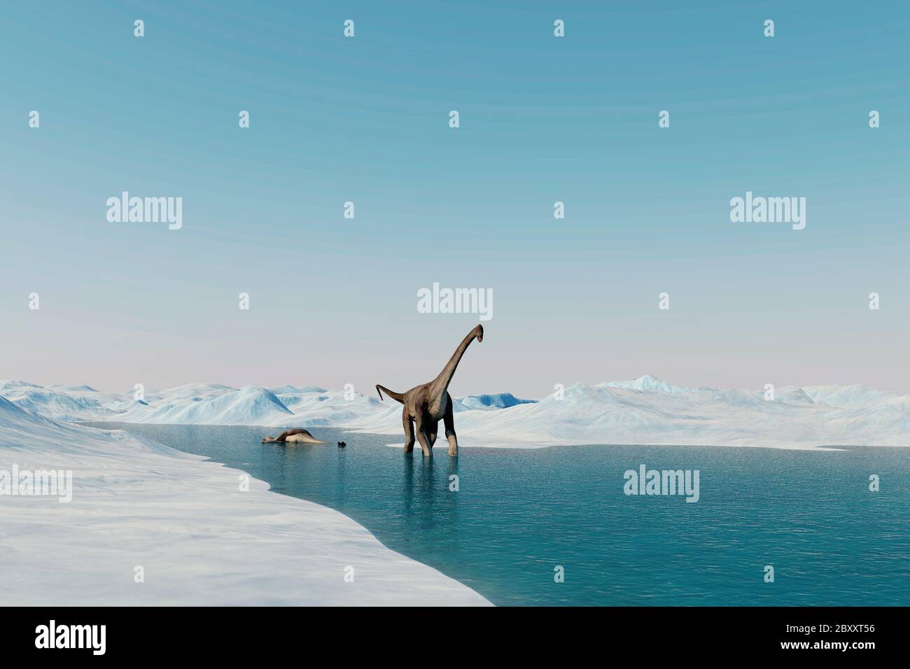 Dinosaur. Prehistoric snow landscape, ice valley with Dinosaurs. Arctic ...