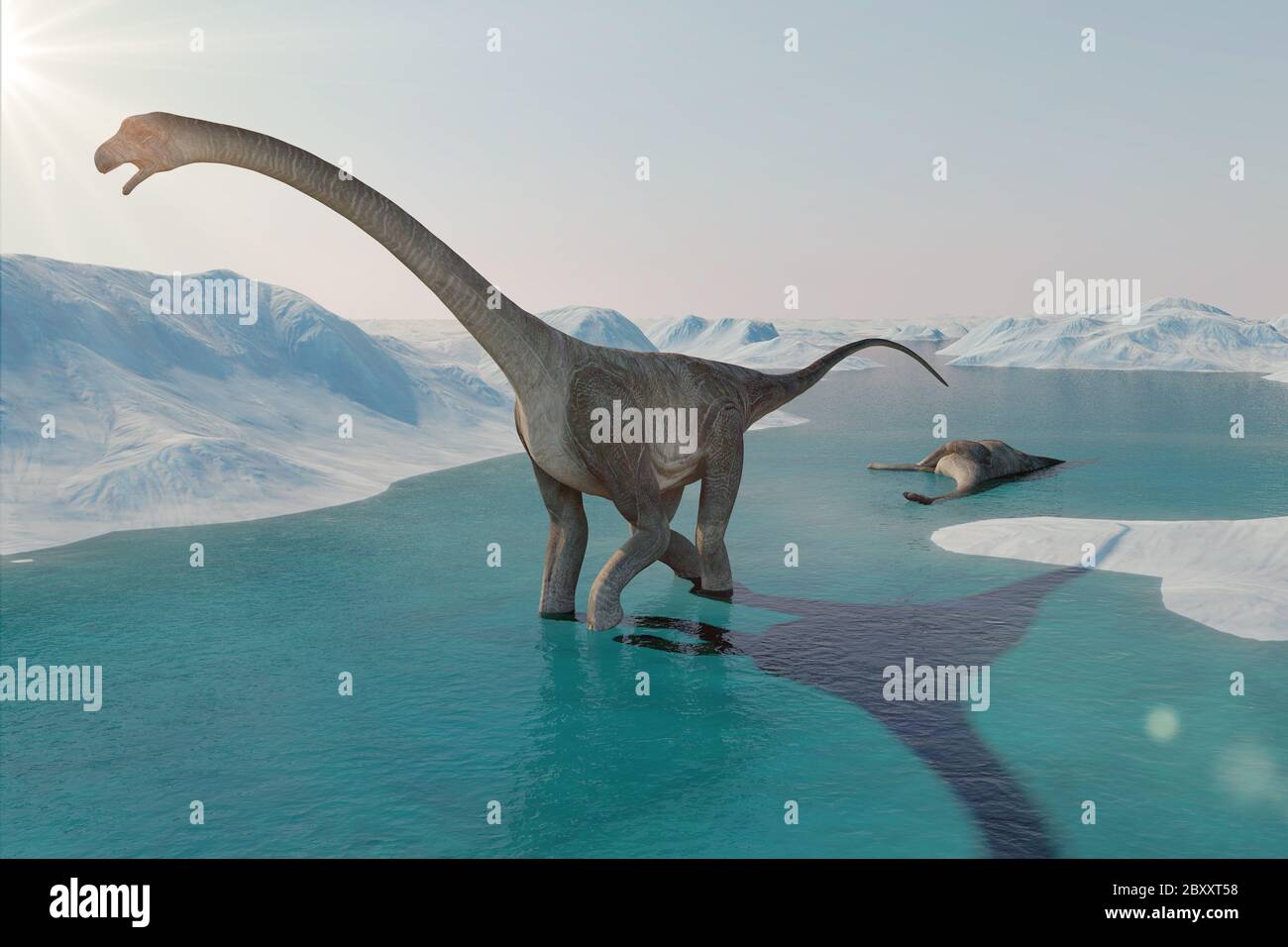 Dinosaur. Prehistoric snow landscape, ice valley with Dinosaurs. Arctic ...