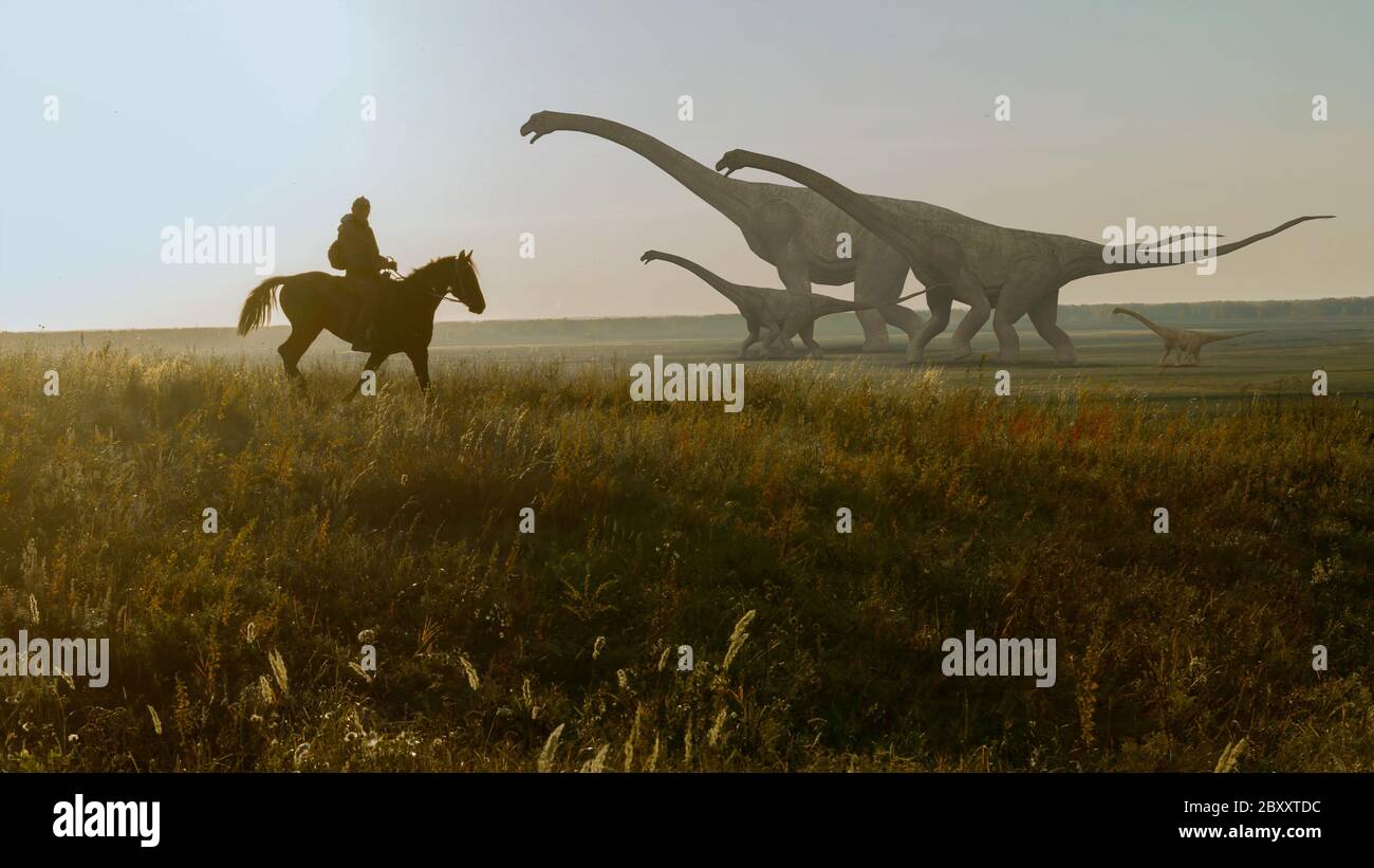 People and dinosaurs. Realistic animation. Landscape view. 3d rendering ...