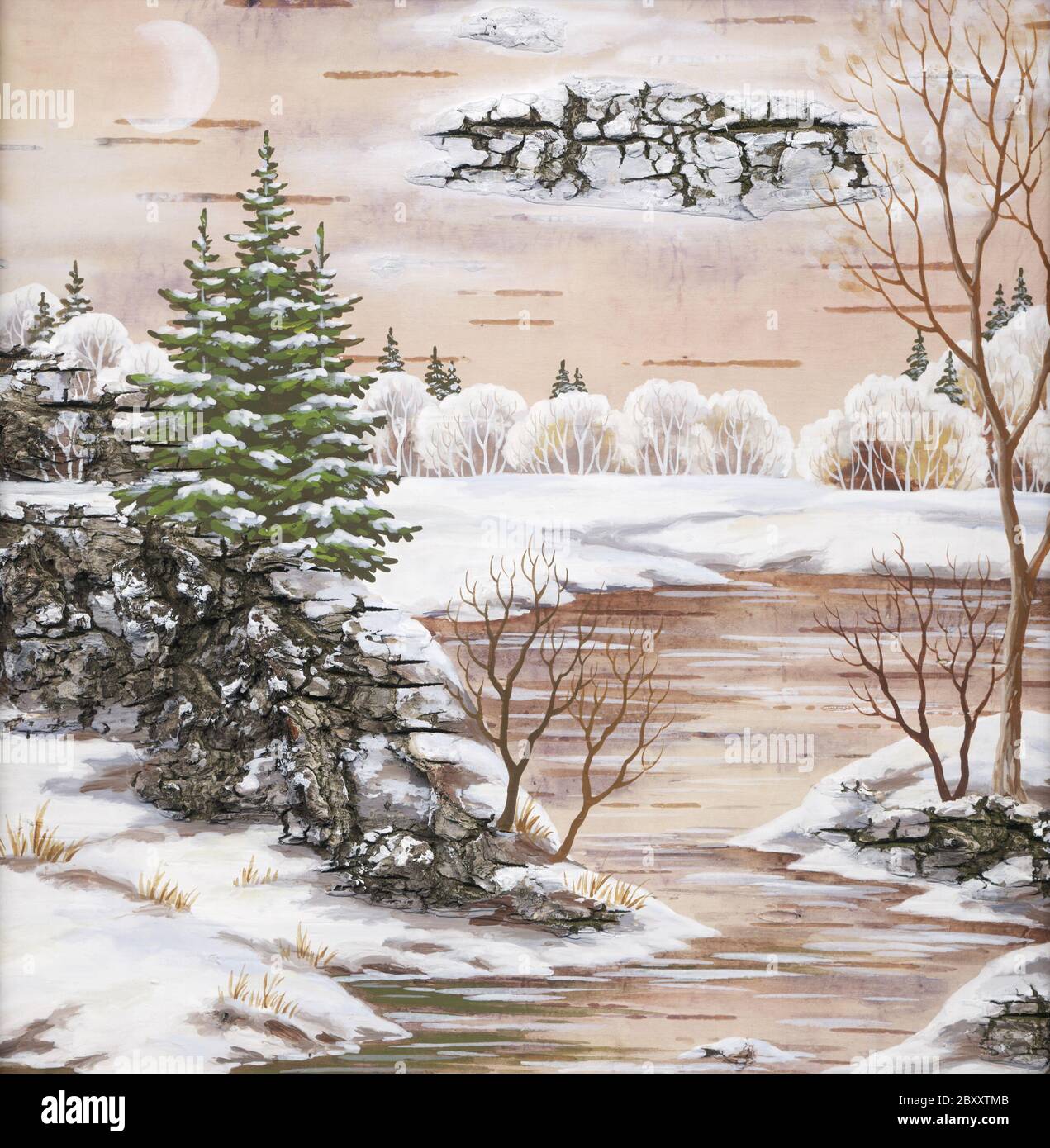 Winter landscape with river Stock Photo - Alamy