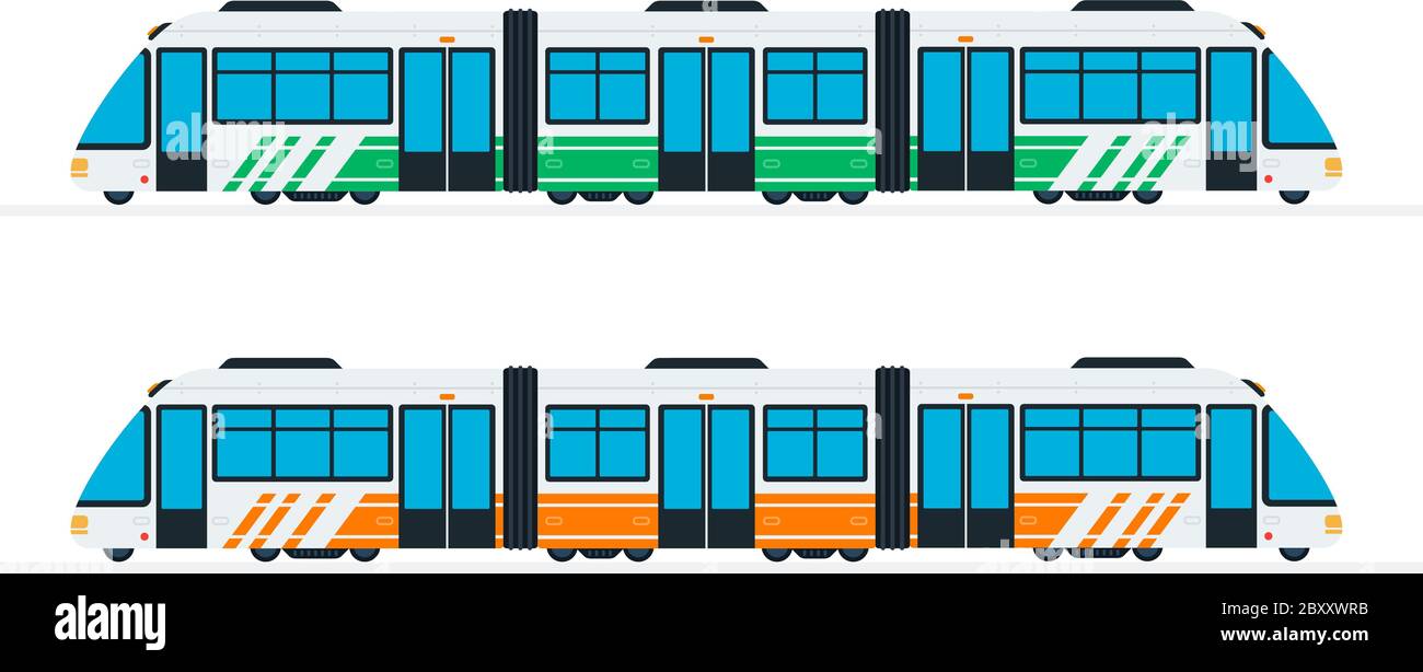 Speed intercity train in green and orange color vector flat isolated ...