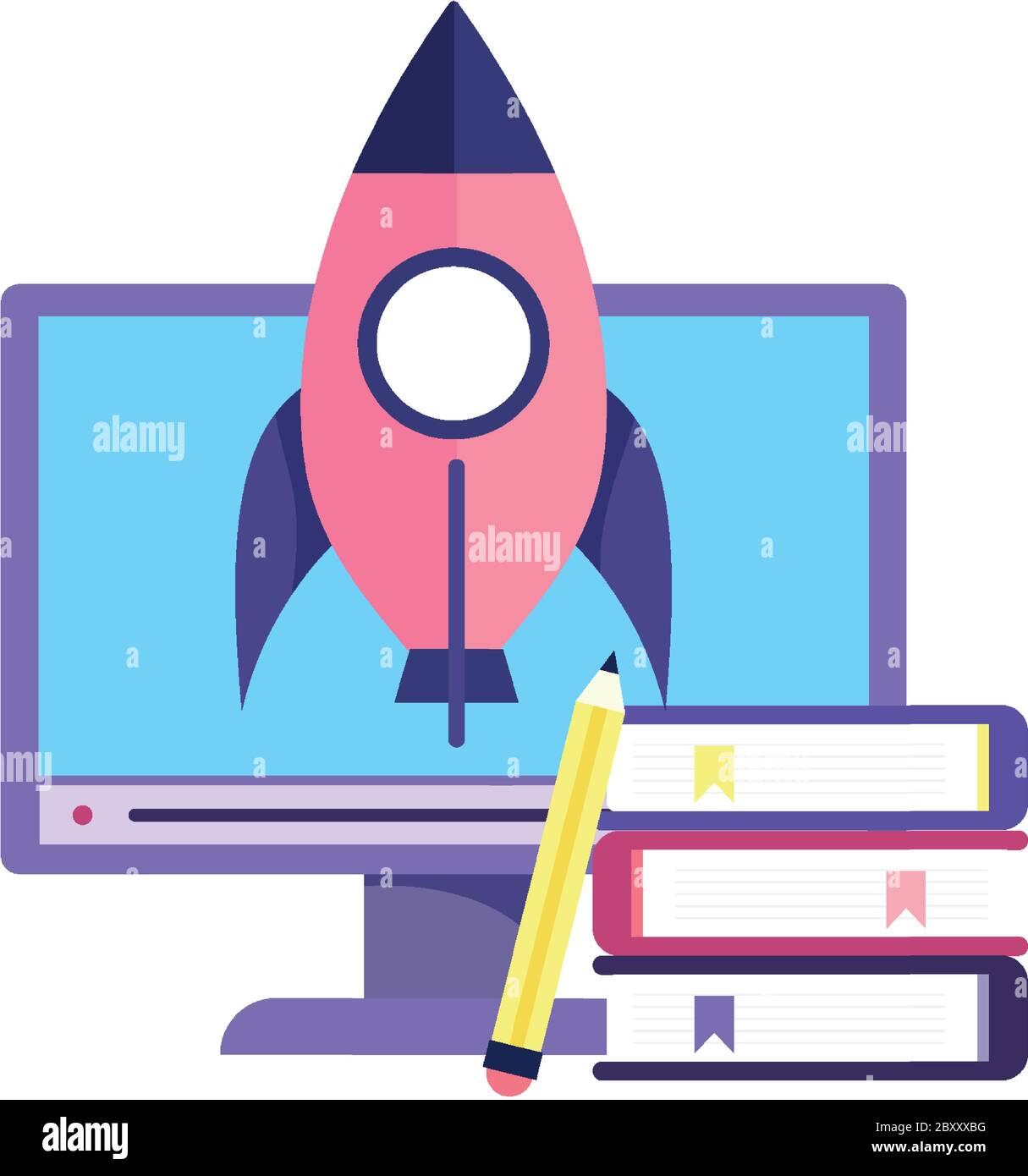 online education computer stack books and pencil homework vector ...