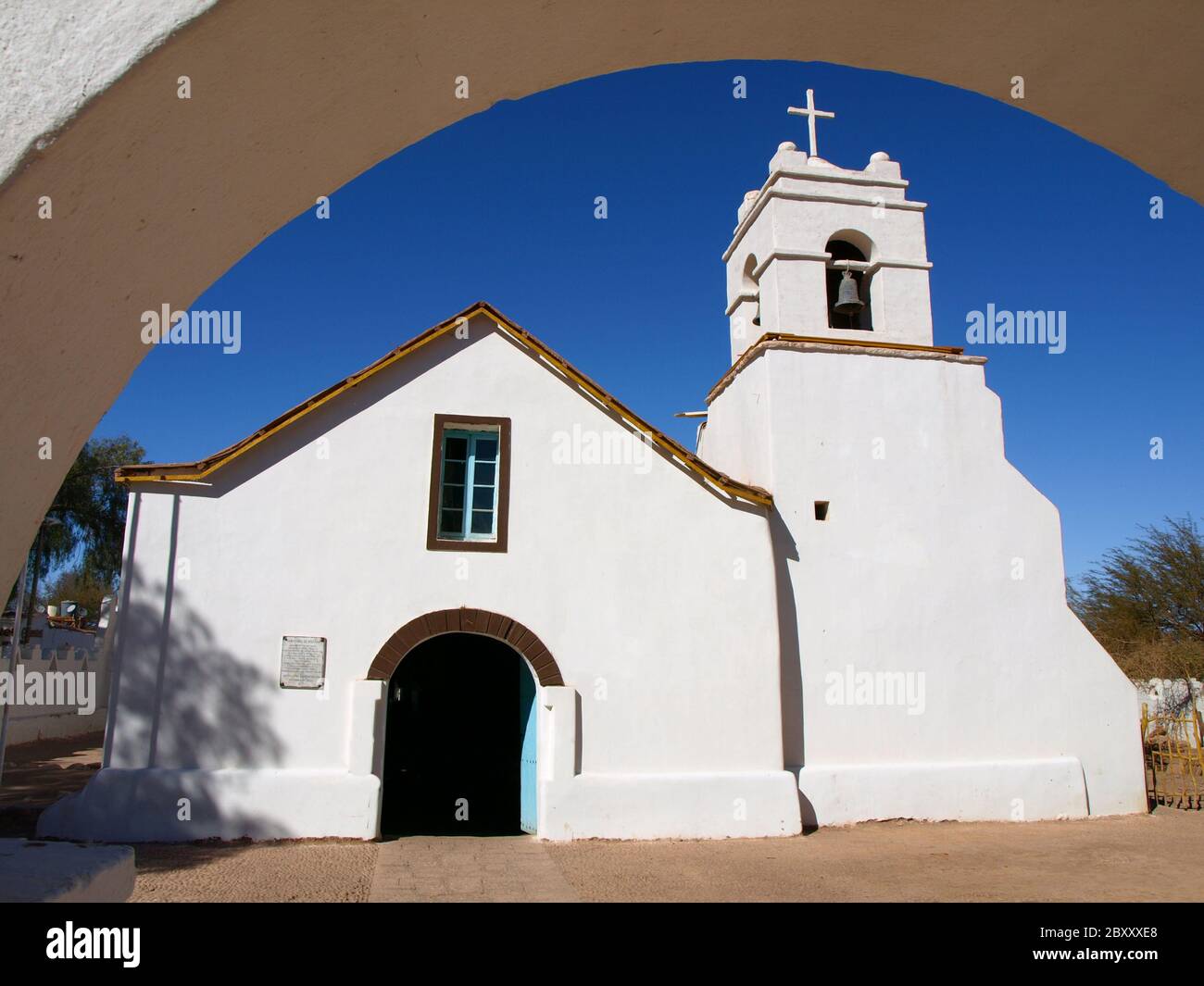 Little white colonial church of St. Peter, San Pedro de Atacama, Chile ...