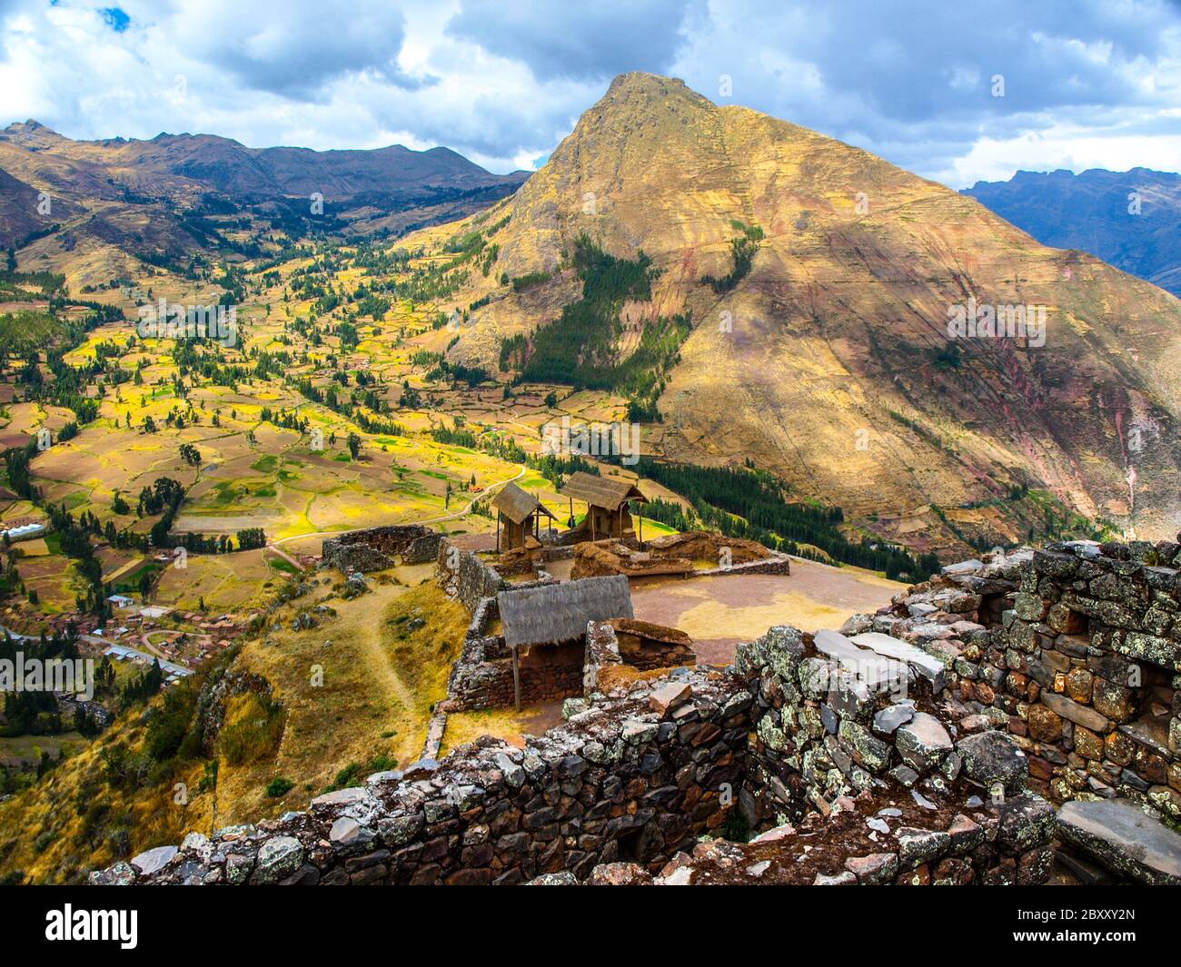 Inca fortress ruins Pisaq in Urubamba river Sacred Valley, Peru, South ...