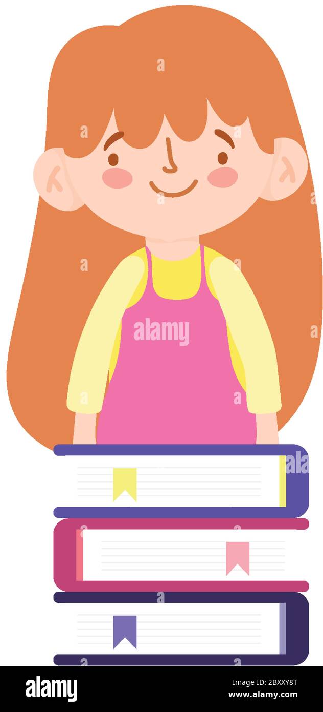 online education student girl and books stacked homework vector ...