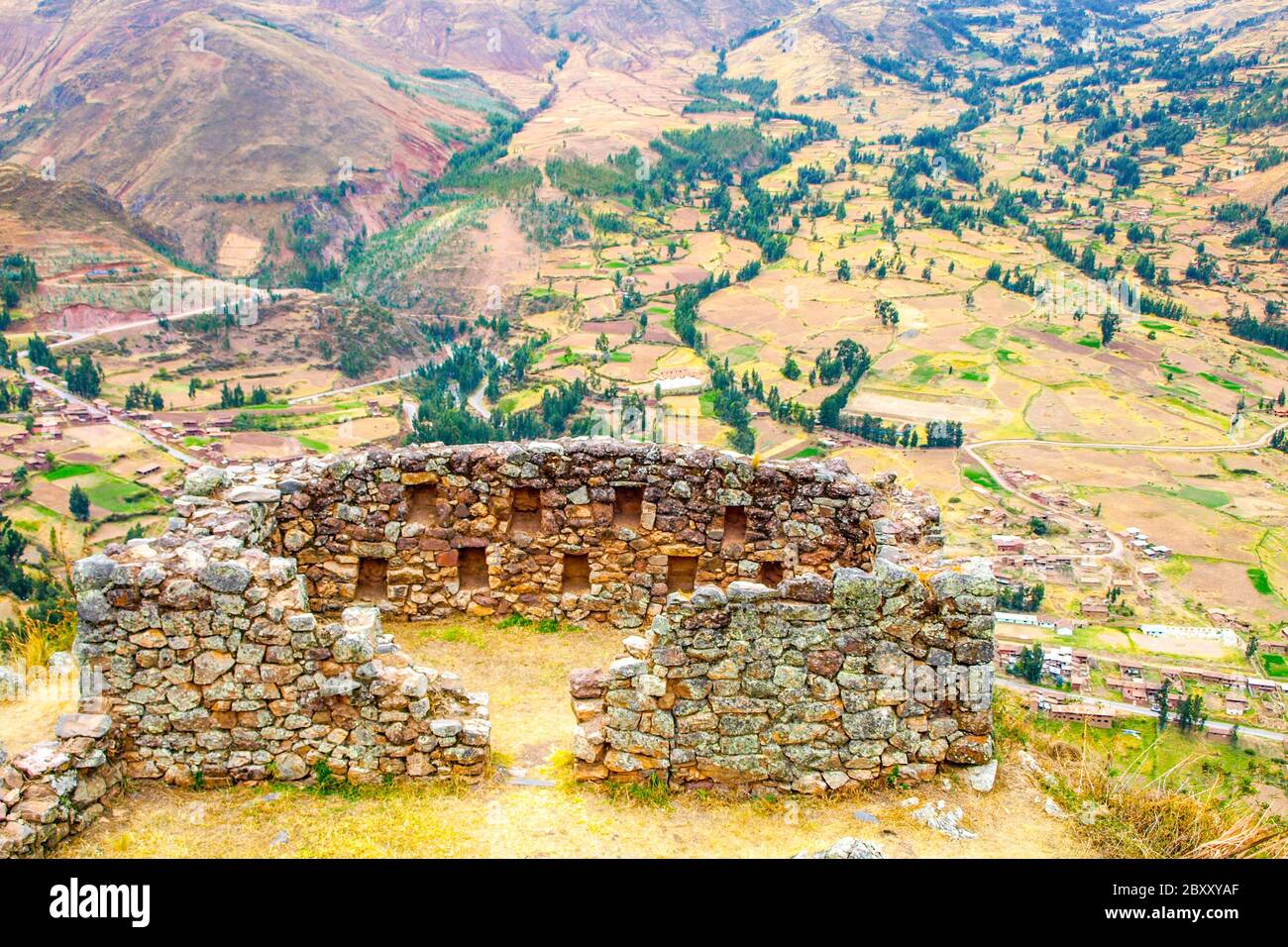 Inca fortress ruins Pisaq in Urubamba river Sacred Valley, Peru, South ...