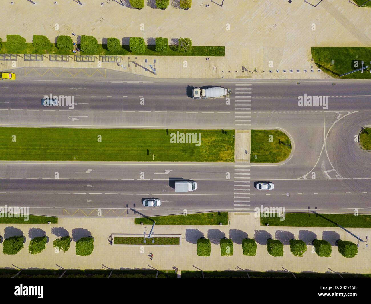 Aerial view of the vehicular intersection, city traffic with cars on ...