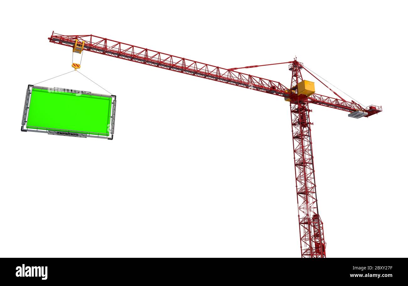 Crane lifts the billboard. Isolate on white background. 3d rendering ...