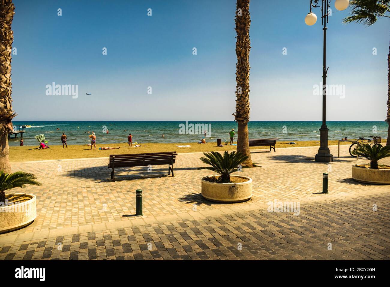 Beach and Palm trees promenade in Larnaca Cyprus, September 2017 Stock ...