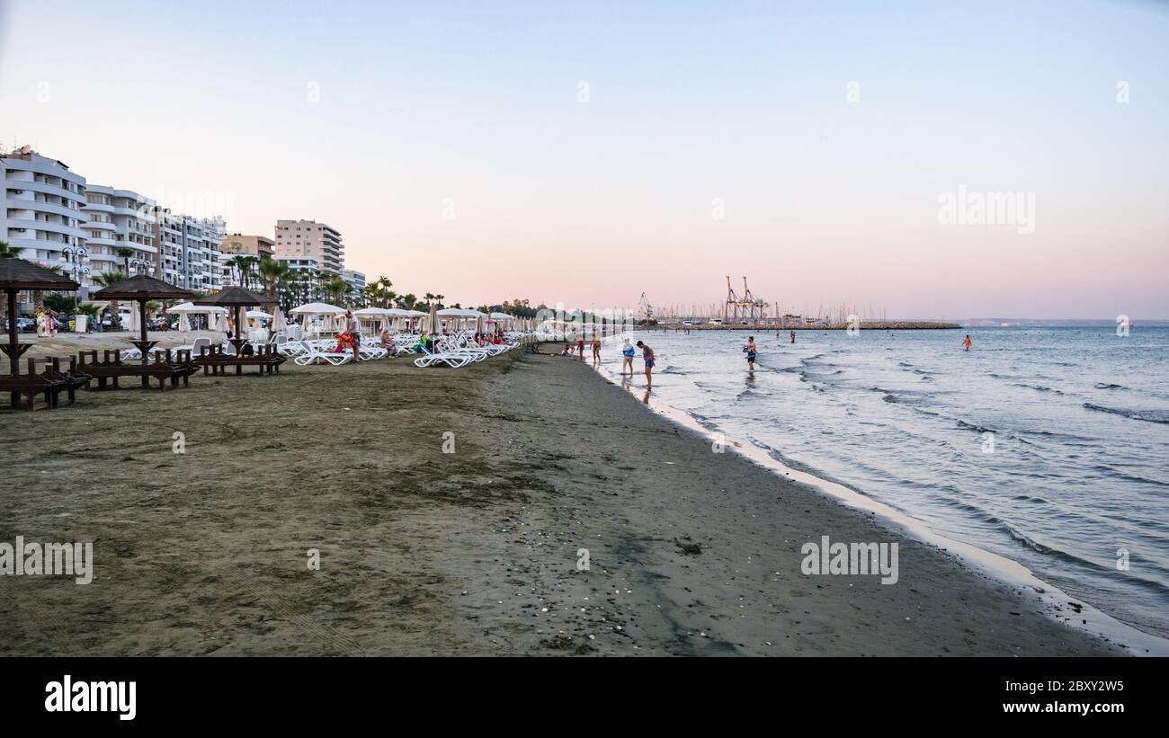 Beach and Palm trees promenade in Larnaca Cyprus, September 2017 Stock ...