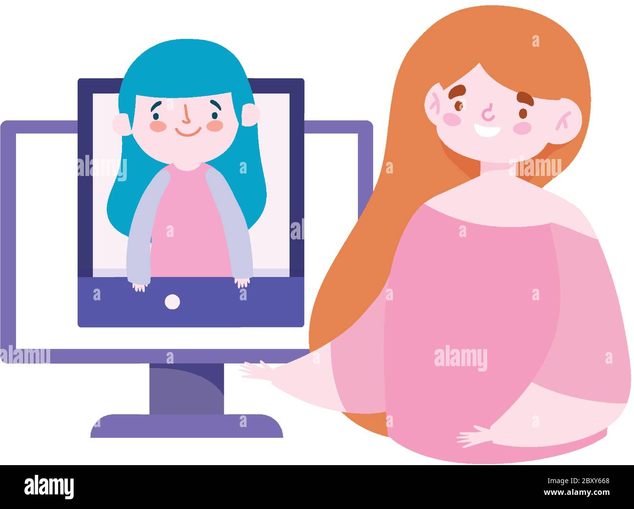 online education female teacher and girl computer video smartphone ...