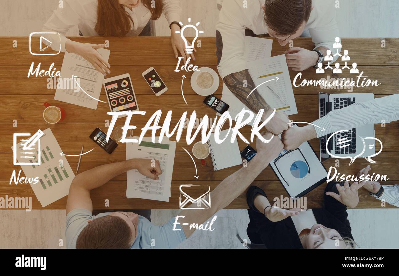 Composite illustration of teamwork process over working at office team ...