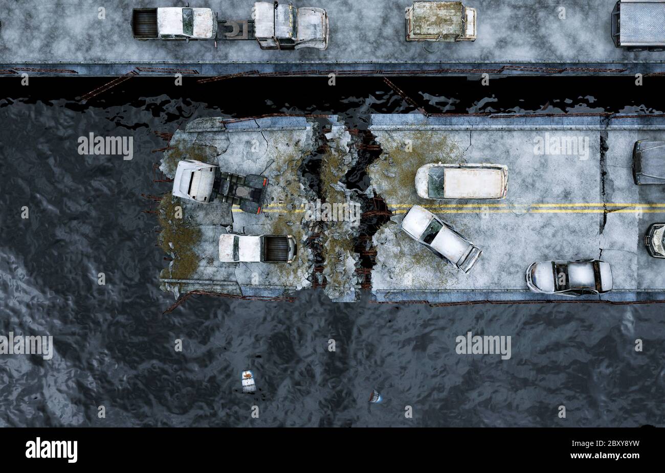 Apocalypse sea view. Destroyed bridge. Armageddon concept. 3d rendering ...