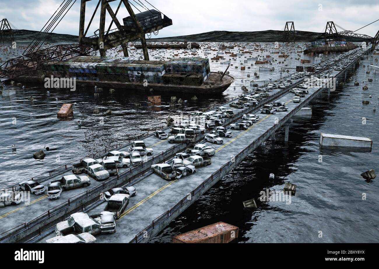 Apocalypse sea view. Destroyed bridge. Armageddon concept. 3d rendering ...