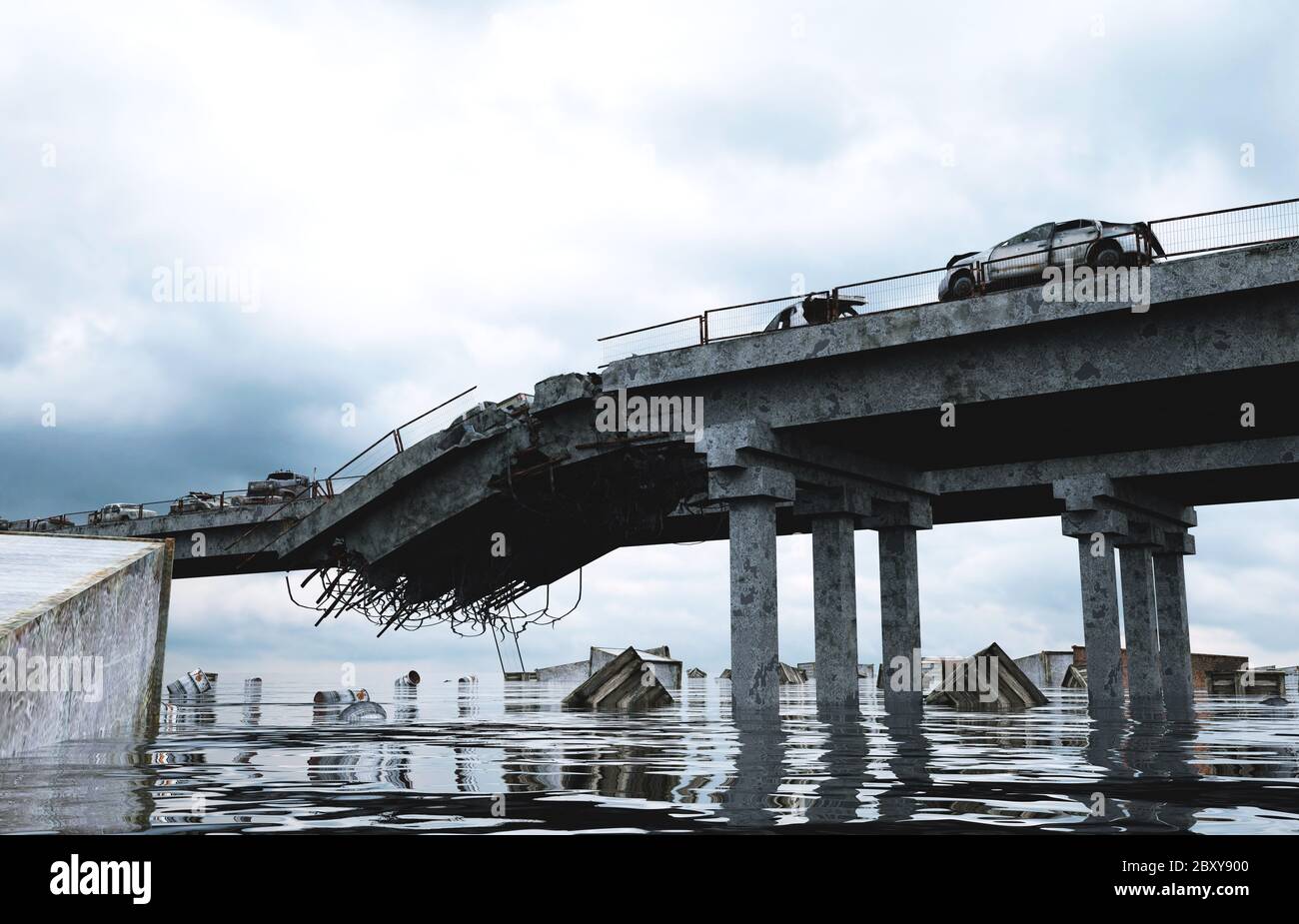 Apocalypse sea view. Destroyed bridge. Armageddon concept. 3d rendering ...