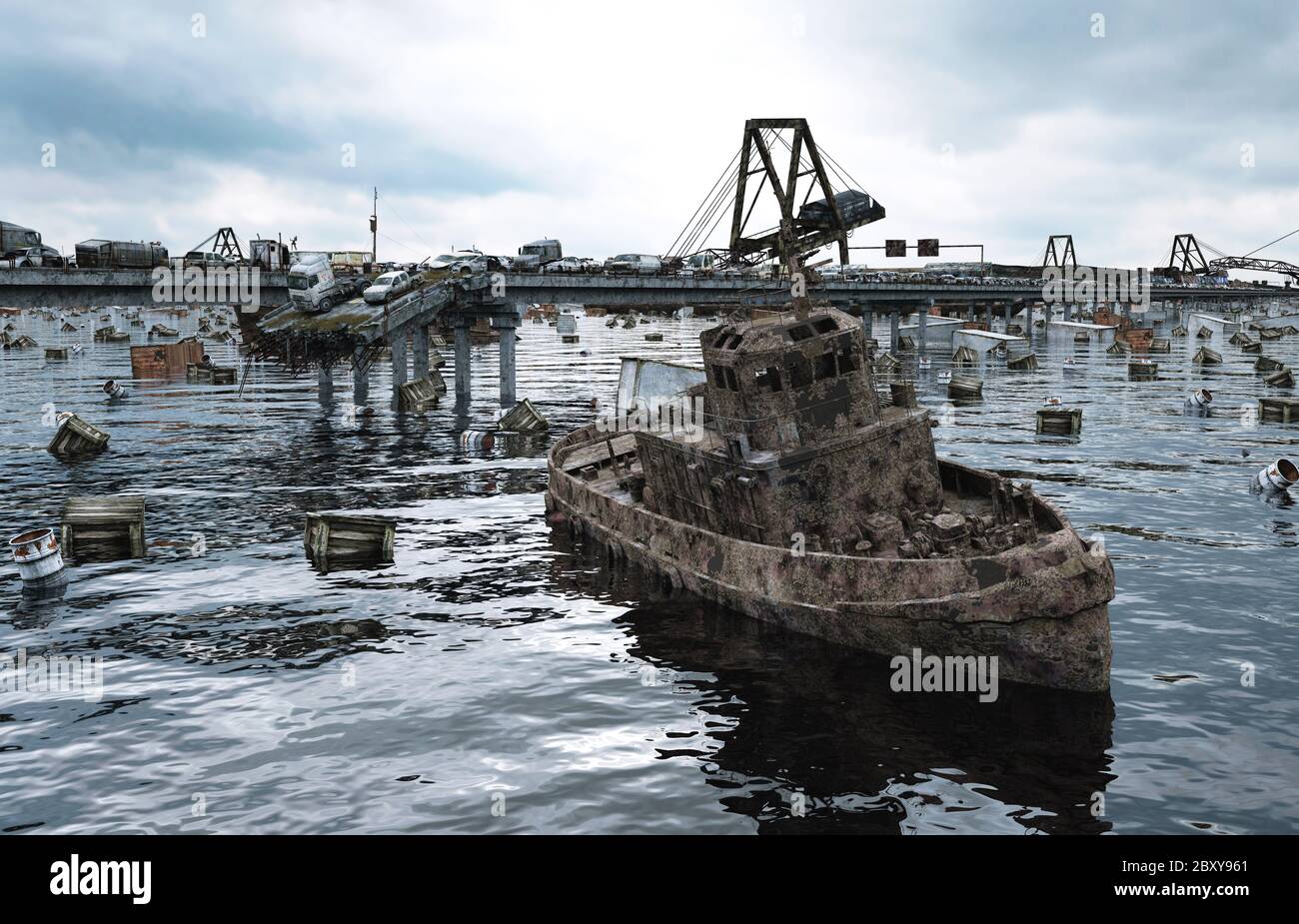 Apocalypse sea view. Destroyed bridge. Armageddon concept. 3d rendering ...