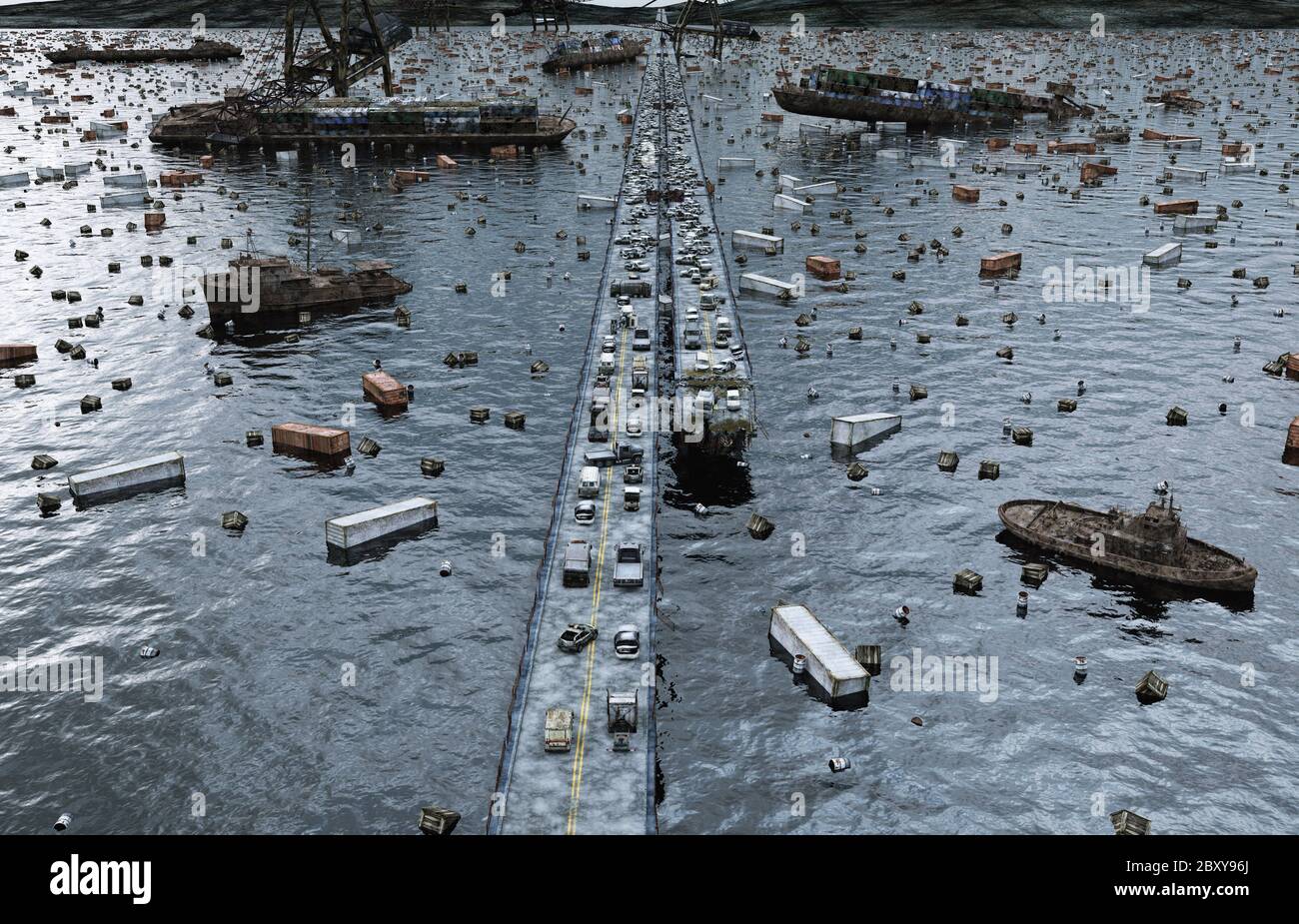 Apocalypse sea view. Destroyed bridge. Armageddon concept. 3d rendering ...
