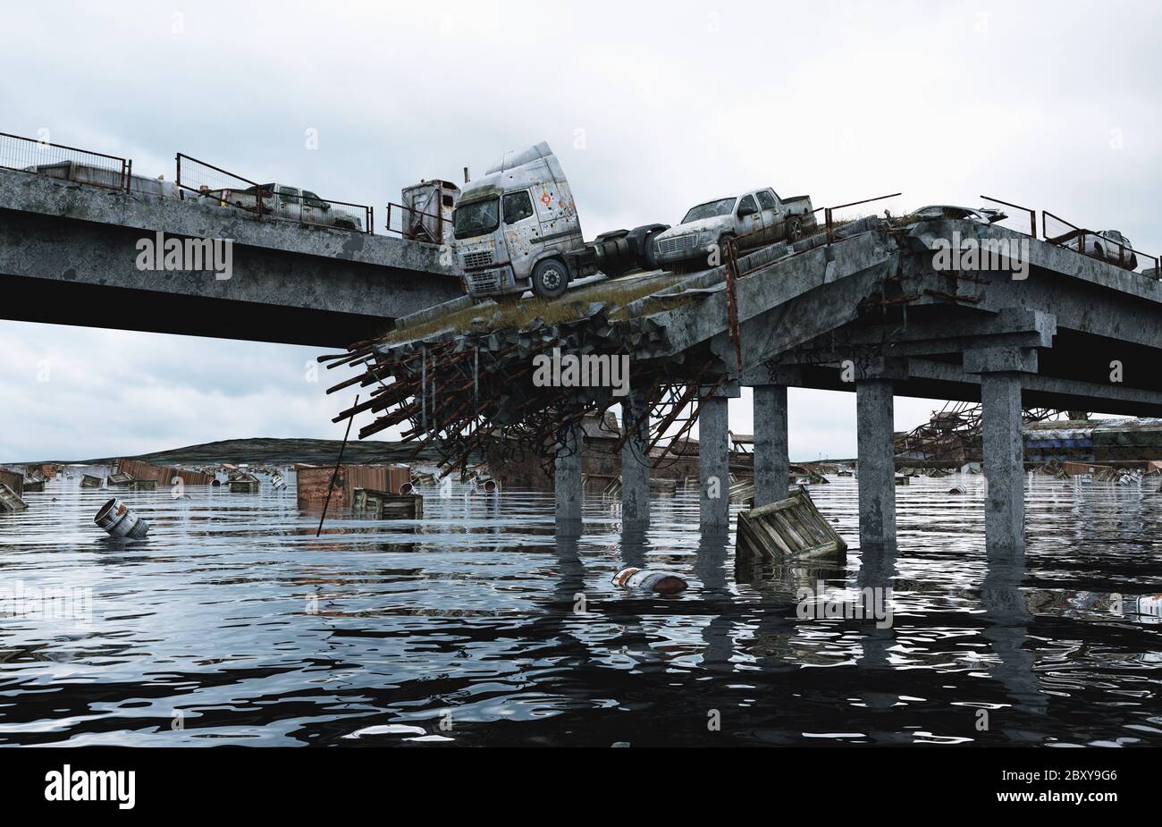 Apocalypse sea view. Destroyed bridge. Armageddon concept. 3d rendering ...