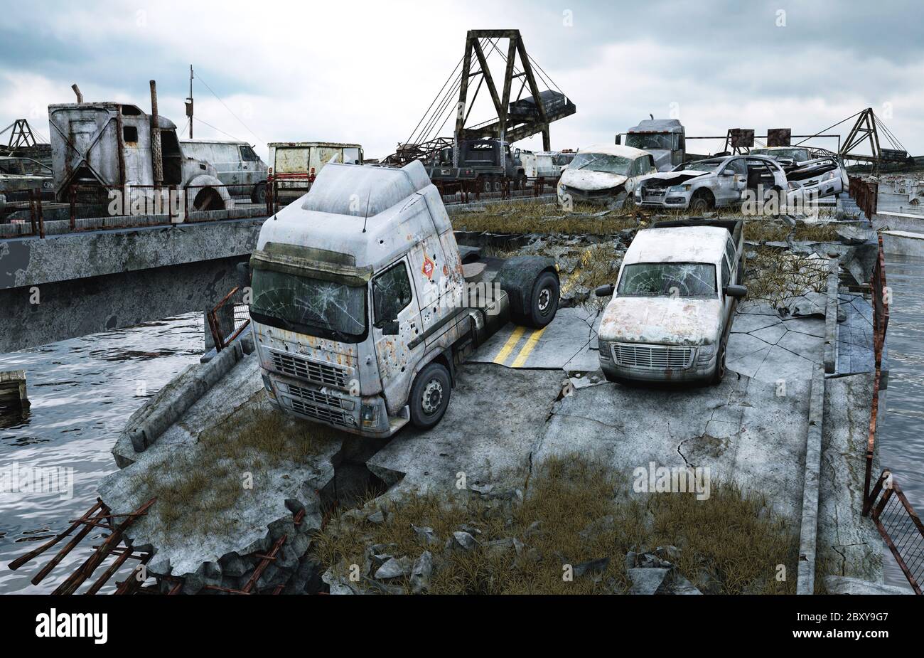 Apocalypse sea view. Destroyed bridge. Armageddon concept. 3d rendering ...