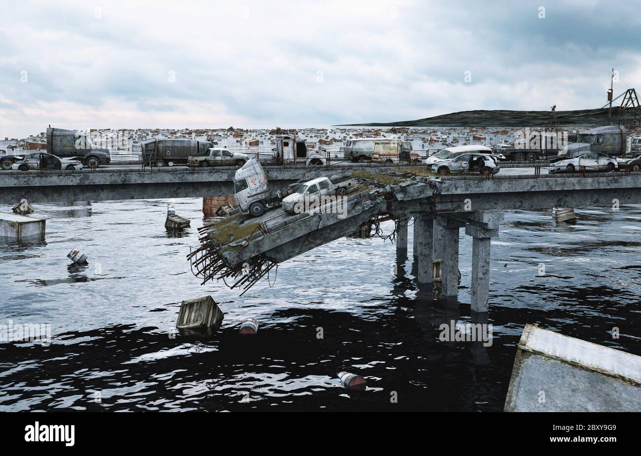 Apocalypse sea view. Destroyed bridge. Armageddon concept. 3d rendering ...