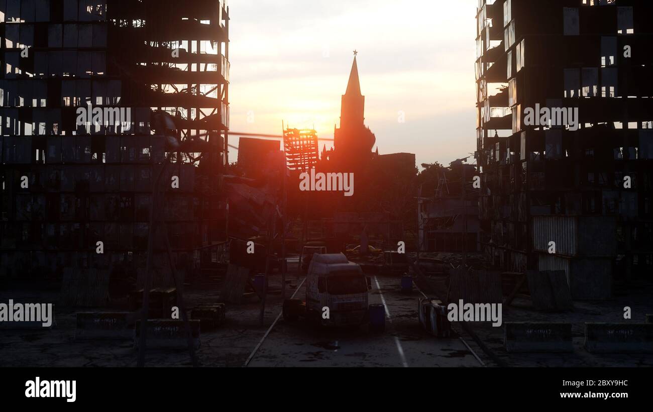 Apocalypse of Russia. Aerial View the destroyed Moscow city. concept ...