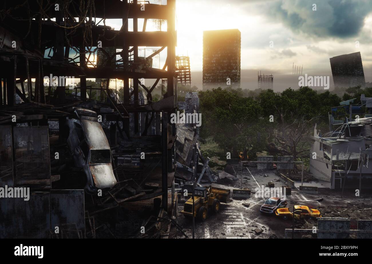 Apocalypse city in fog. Aerial View of the destroyed city. Apocalypse ...