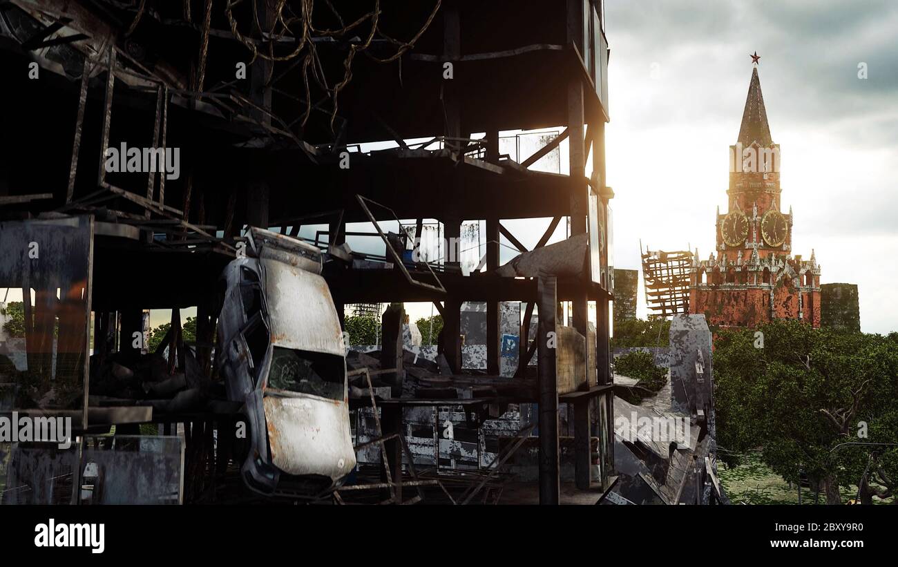 Apocalypse of Russia. Aerial View the destroyed Moscow city. concept ...