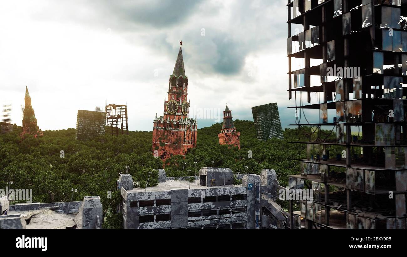 Apocalypse of Russia. Aerial View the destroyed Moscow city. concept ...